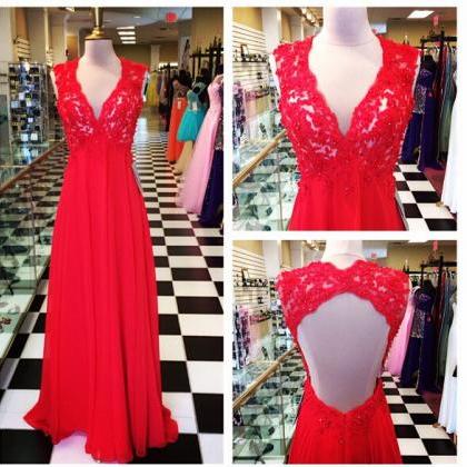 Open Back Long Red Chiffon Prom Dress With Lace Bodice on Luulla