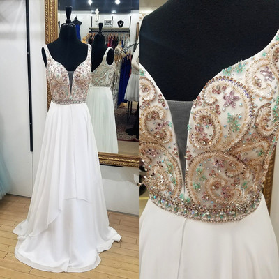 Plunging Neck A-line Chiffon Prom Dress With Low Back on Luulla