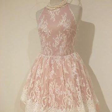 Backless Halter Short Lace Homecoming Dress on Luulla