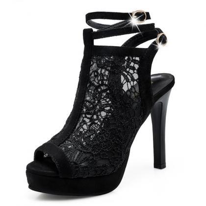 Open Toe Black Lace Women Heels Shoes on Luulla
