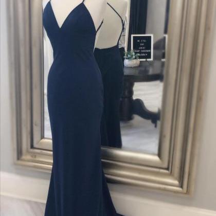 V Neck Navy Sheath Long Prom Dress Wtith Open Back on Luulla