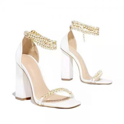 Chain Embellished White Ankle Strap Chunky Heels on Luulla
