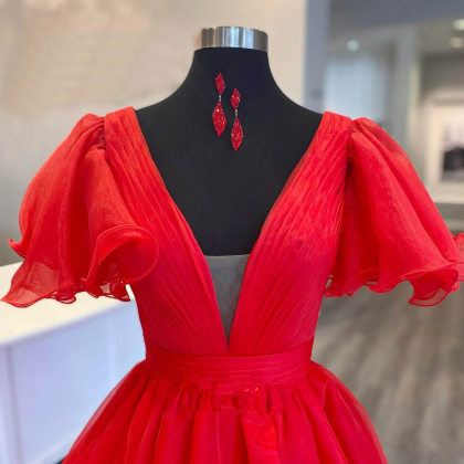Plunging Neck Puffed Sleeves Red Organze Prom Dresses on Luulla