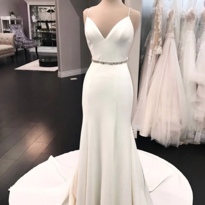 Sleeveless Simple Satin Wedding Dress With Removable Sash on Luulla