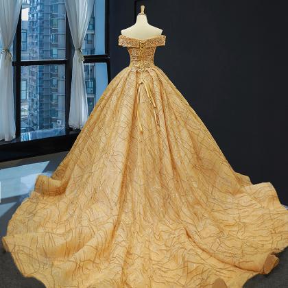 Off Shoulder Glitter Gold Pageant Dress Evening Gown on Luulla