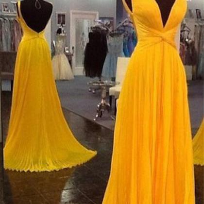 V Neck Yellow Chiffon Evening Dress With Open Back on Luulla