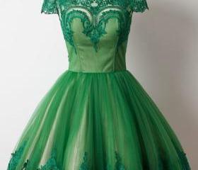 Cap Sleeves Green Short Dress With Lace on Luulla