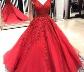 Cap Sleeves Red Prom Dress With Lace on Luulla
