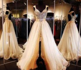 Cap Sleeves Prom Dress With Slit on Luulla