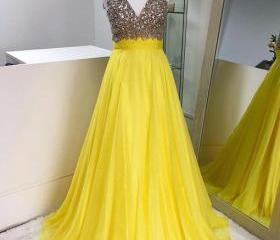 Yellow V Neck Chiffon Beaded Long Prom Dress, Yellow Evening Dress on ...