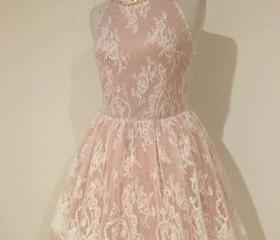Backless Halter Short Lace Homecoming Dress on Luulla