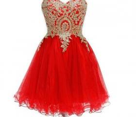Red Hoco Party Dress With Gold Appliques Homecoming Dress With Pencil ...