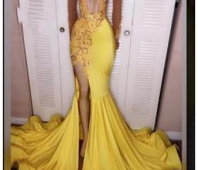 High Neck Sheer Long Sleeves Yellow Prom Dress With Slit on Luulla
