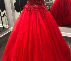 V Neck Red Ball Gown Prom Dress With Beads on Luulla