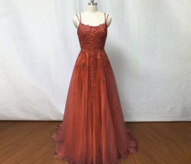 Burnt Orange Tulle Long Prom Dress With Lace Details on Luulla