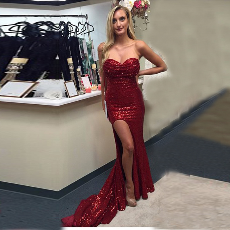 Sleeveless Sweetheart Dark Red Sequin Prom Dress With Side Slit on Luulla