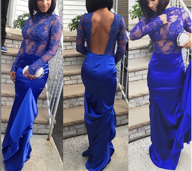 Long Sleeves Royal Blue Prom Dress With Open Back on Luulla