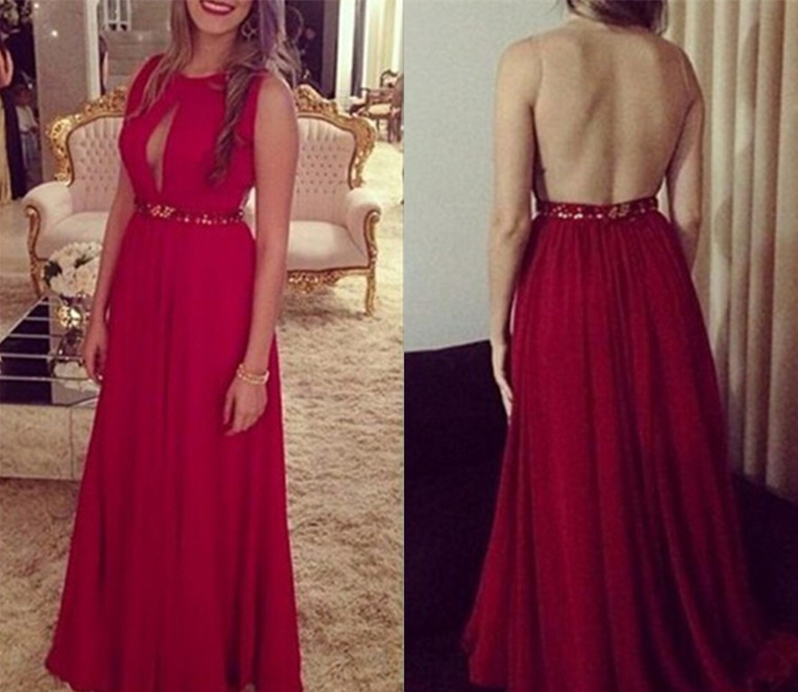 Illusion Back Dark Red Long Prom Dress on Luulla