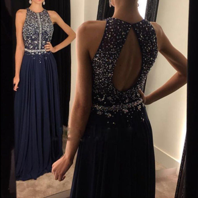Beaded Navy Prom Dress With Keyhole Back on Luulla