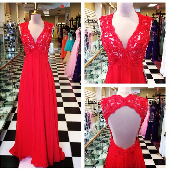 Open Back Long Red Chiffon Prom Dress With Lace Bodice on Luulla