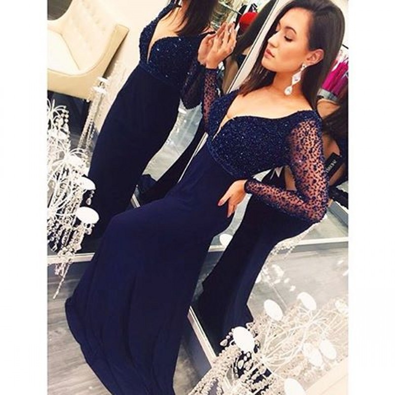 Long Sleeves Navy Prom Dresses With Open Back on Luulla