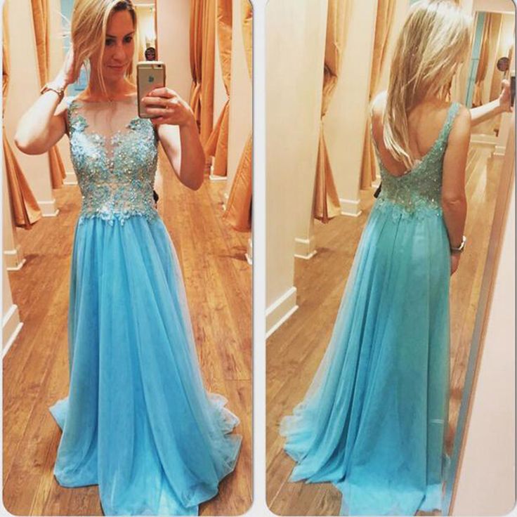 Open Back Long Chiffon Prom Dress With Beaded Appliques Lace on Luulla