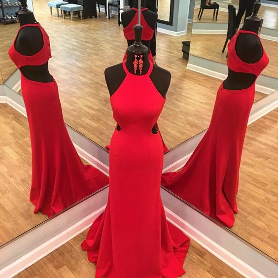 Halter Red Long Prom Dress With Low Open Back on Luulla