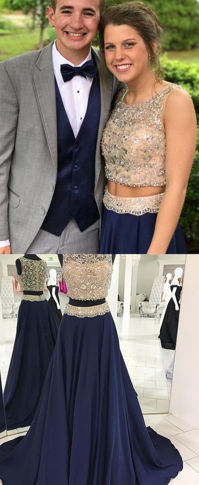 Two Pieces Navy Prom Dress With Beaded Crop Top on Luulla