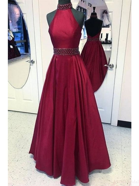 Backless Halter Burgundy Prom Dress on Luulla