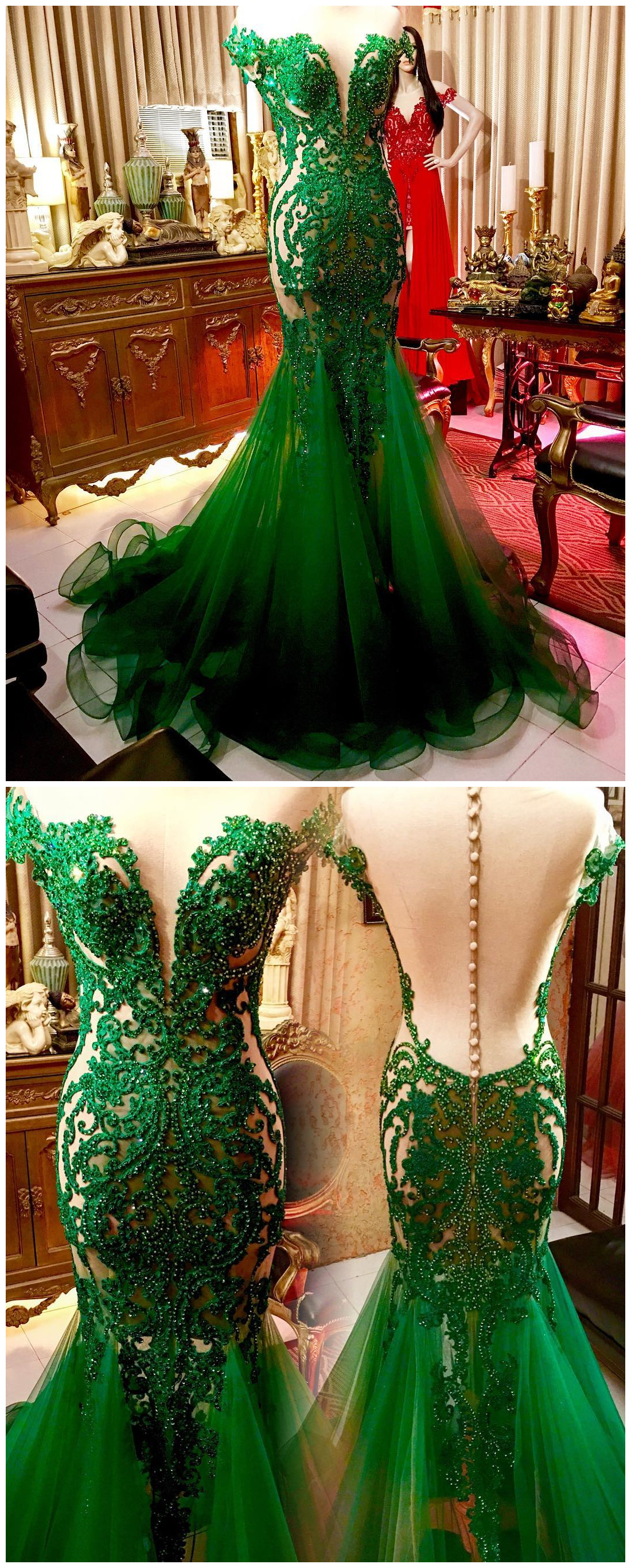 Illusion Back Green Mermaid Prom Dress With Beading on Luulla