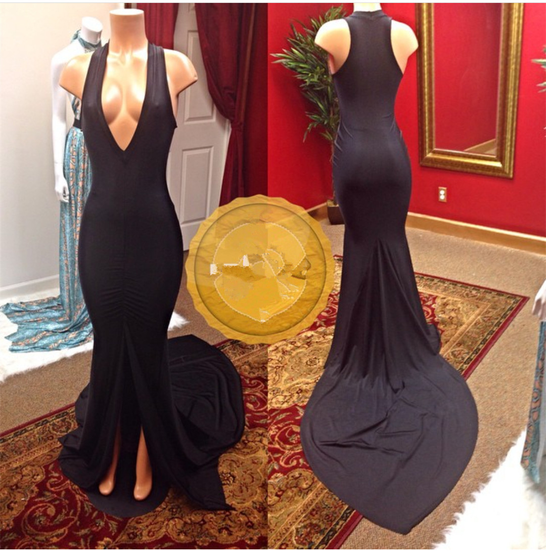 Deep V Neck Black Prom Dress With Slit on Luulla