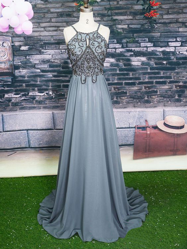 Gray Prom Dress, Long Chiffon Prom Dress, Beaded Prom Dress on Luulla