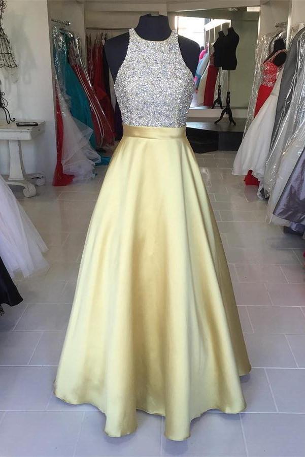 Jewel Neckline Sleeveless Gold Prom Dress With Beads on Luulla