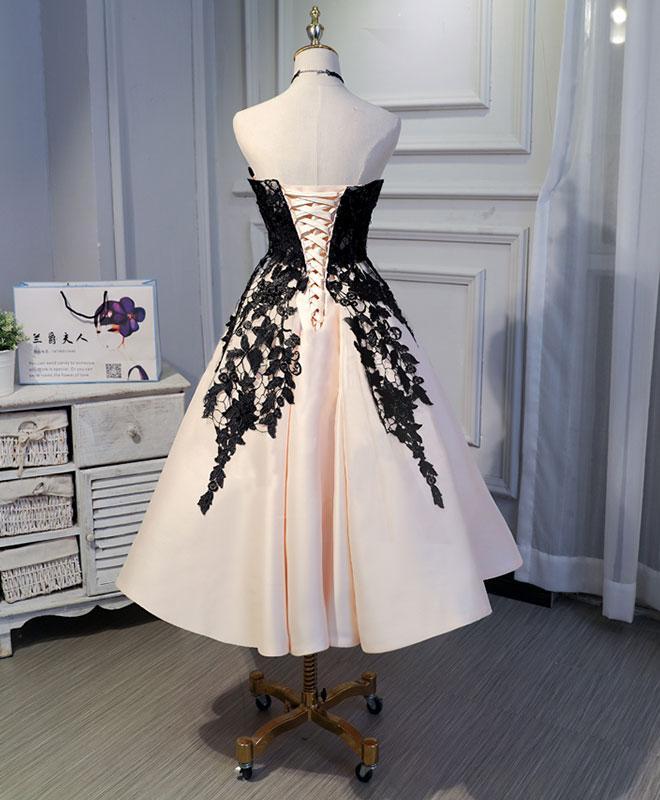 Sleeveless Tea Length Satin Semi Formal Party Dress With Black Lace on ...
