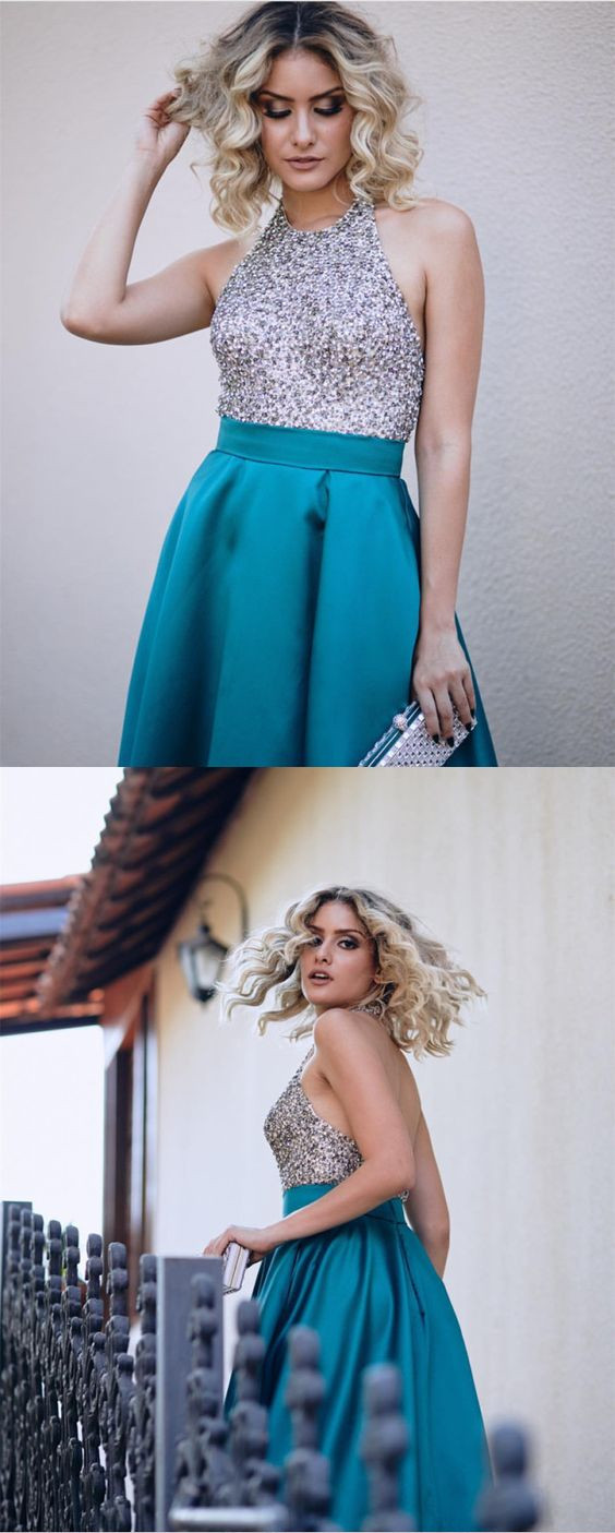 Long Halter Prom Dress With Silver Beaded Bodice on Luulla