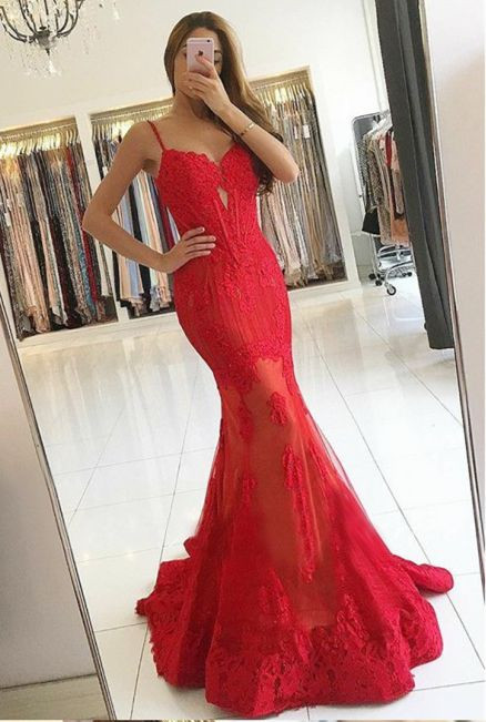 Spaghetti Straps Sweep Train Red Prom Dress With Appliques on Luulla