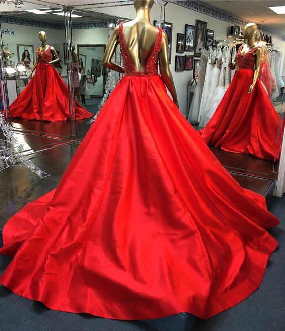 V Neck Red Prom Dress on Luulla