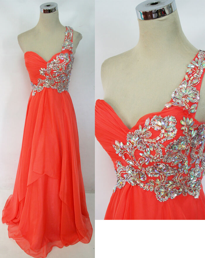 One Shoulder Coral Long Evening Gown Formal Occasion Dress on Luulla