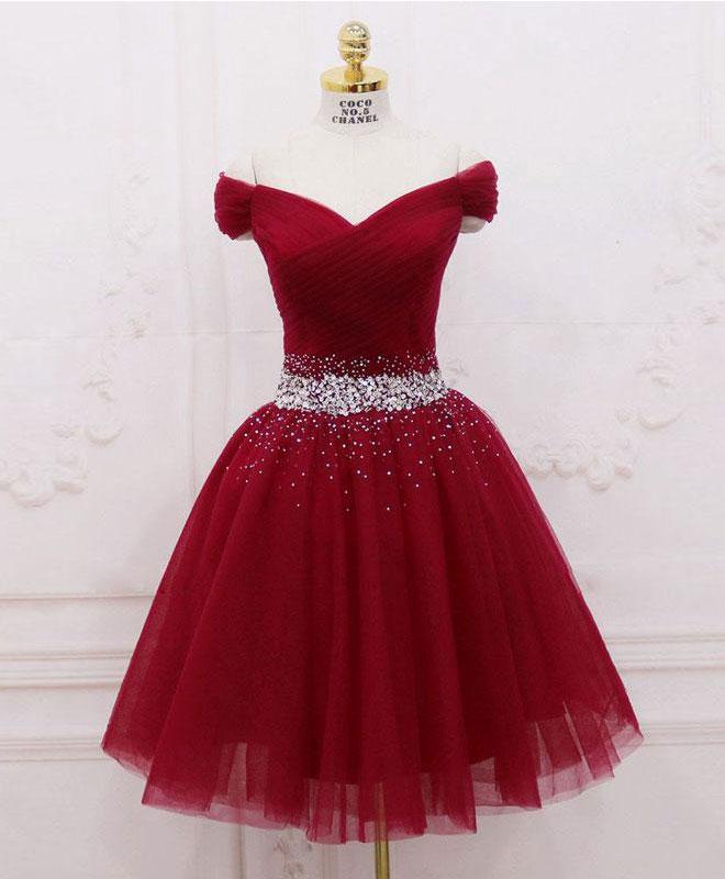 Off The Shoulder Red Hoco Party Dress With Beads on Luulla