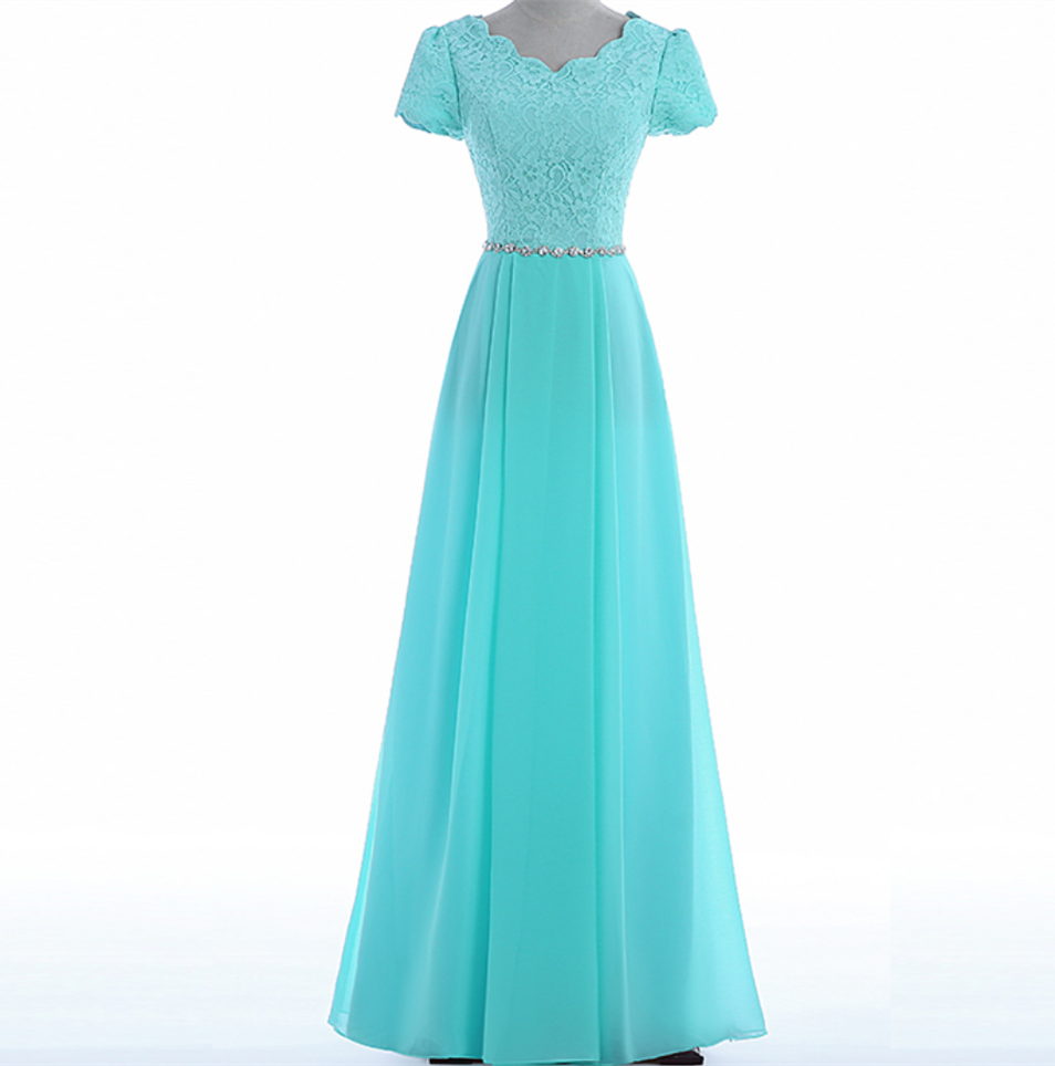 Turquoise Long Modest Formal Desses Short Sleeves Evening Gowns on Luulla
