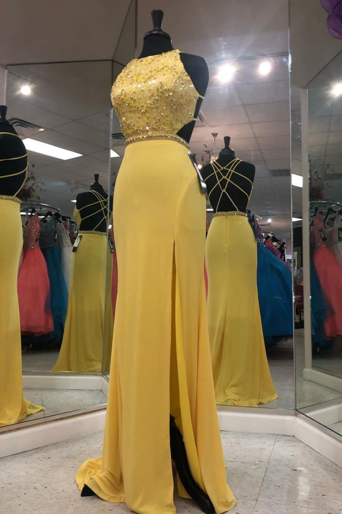 Yellow Long Prom Dresses With Slit on Luulla