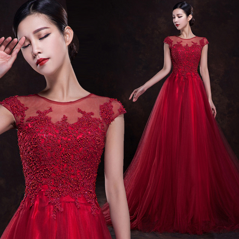 Sheer Neck Long Formal Occasion Dresses With Beads Floor Length Evening ...