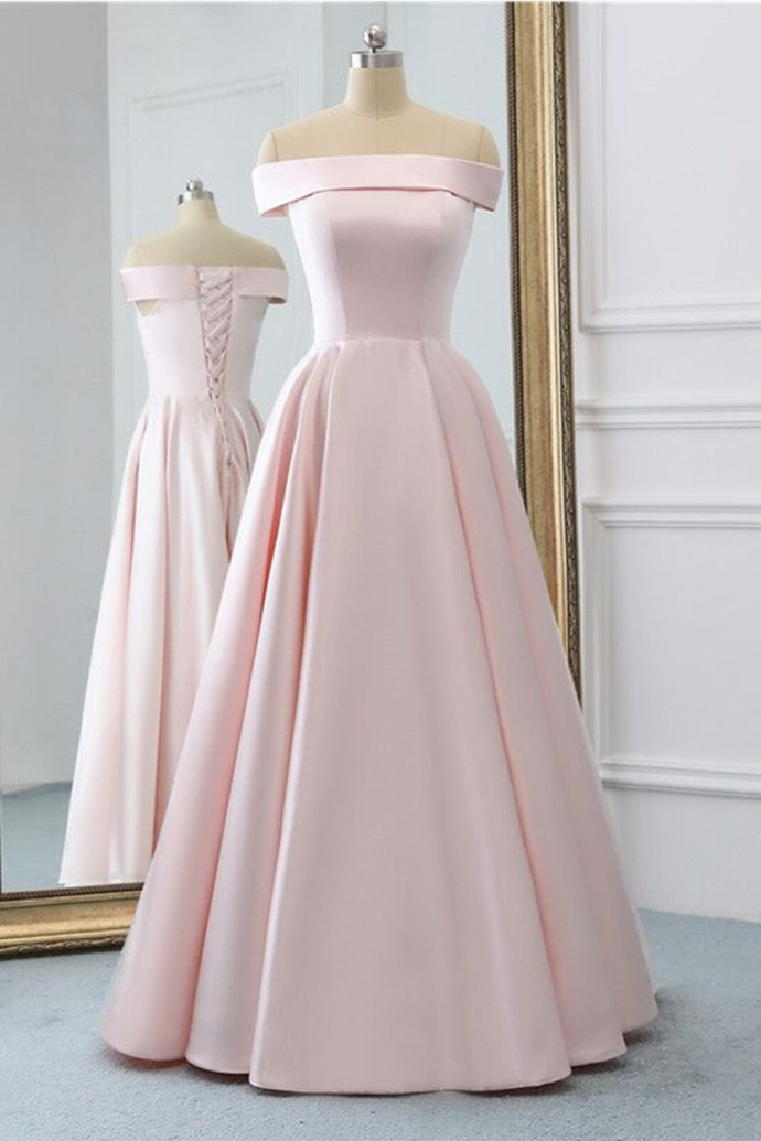 Off The Shoulder Long Pink Satin Prom Dress on Luulla