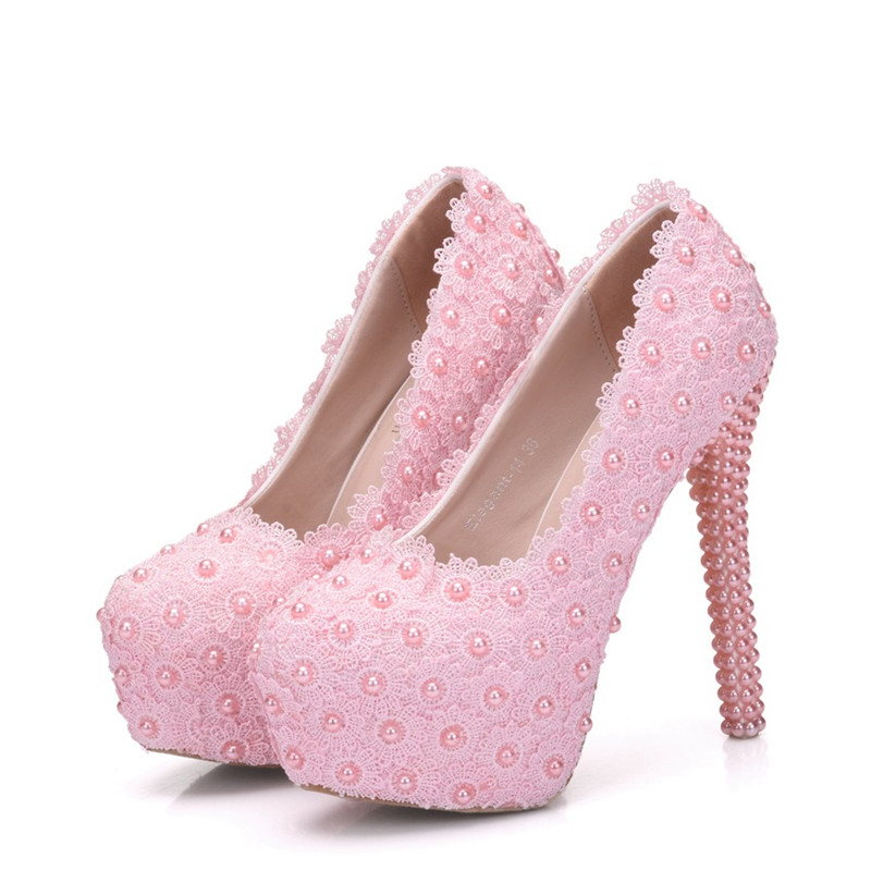 Platform Heels Pink Lace Women Wedding Shoes on Luulla