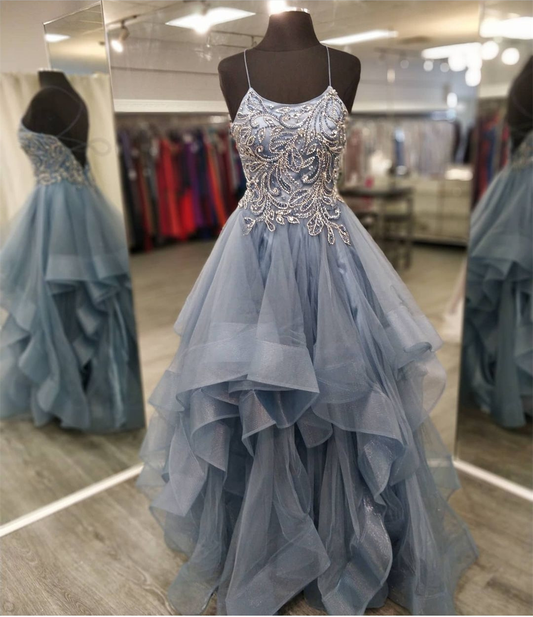 Scoop Neck Gray Prom Dresses Evening Gowns With Tiered Skirt on Luulla