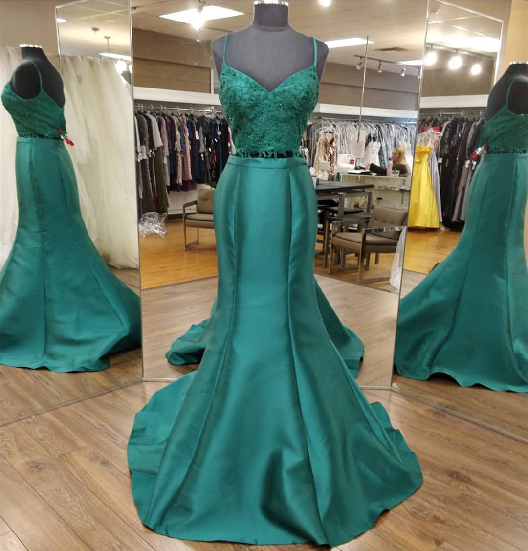 Two Pieces Green Satin Prom Dress on Luulla