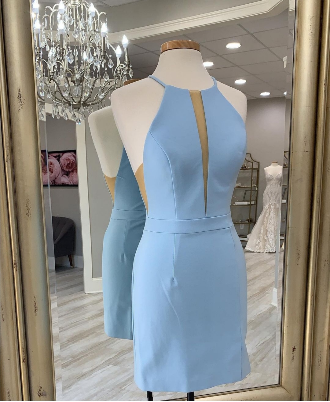 Mesh Neck Blue Bodycon Dress on Luulla