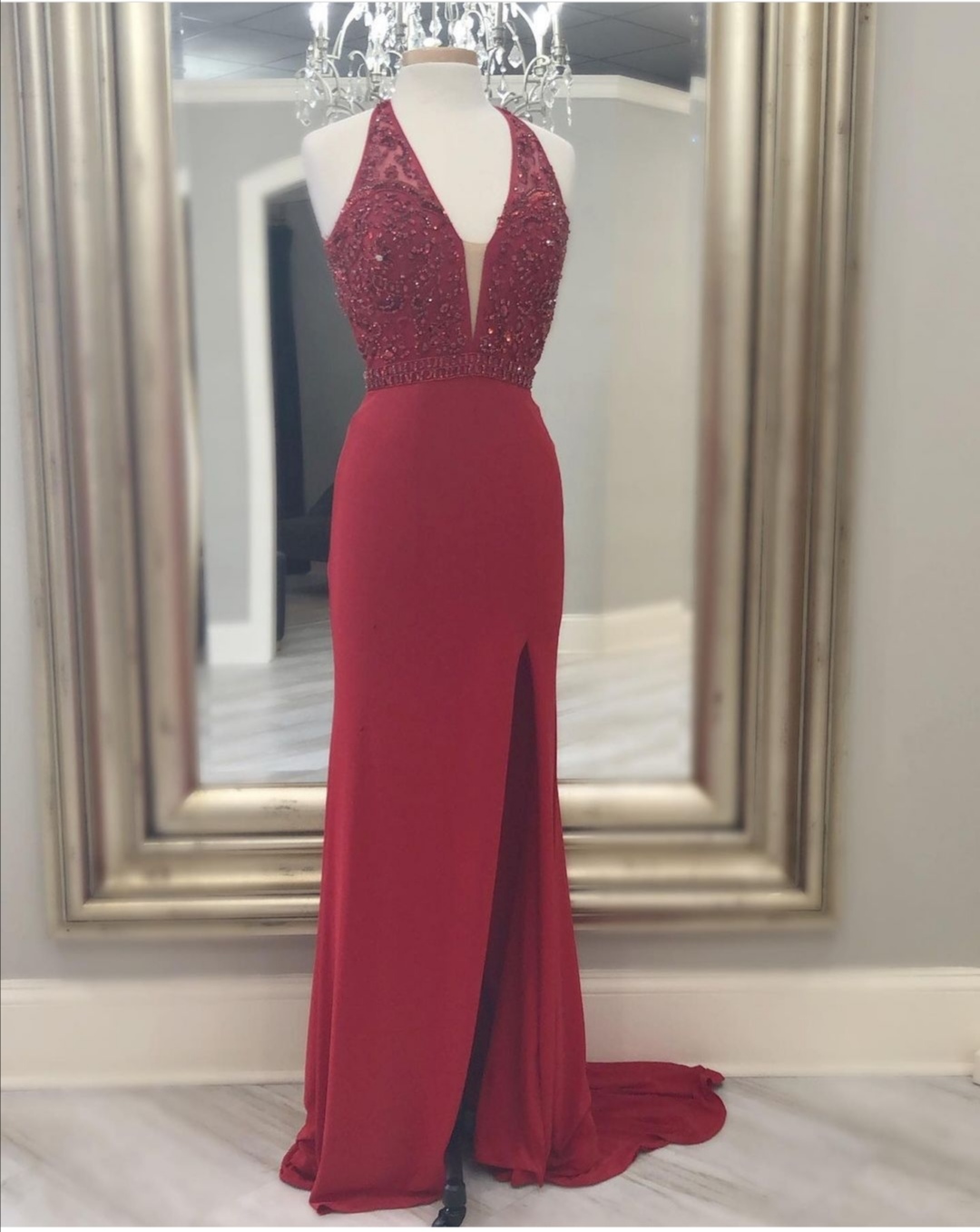 Mesh V-neck Dark Red Long Prom Dress With Slit on Luulla