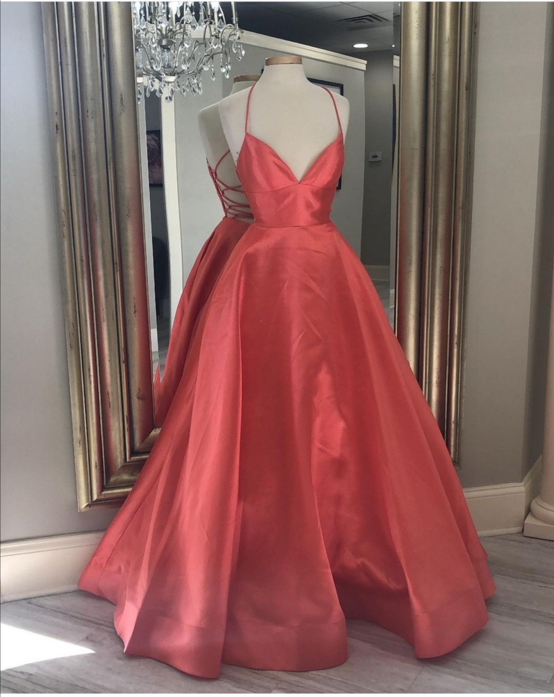 V Neck Satin Long Prom Dresses With Tie Back on Luulla