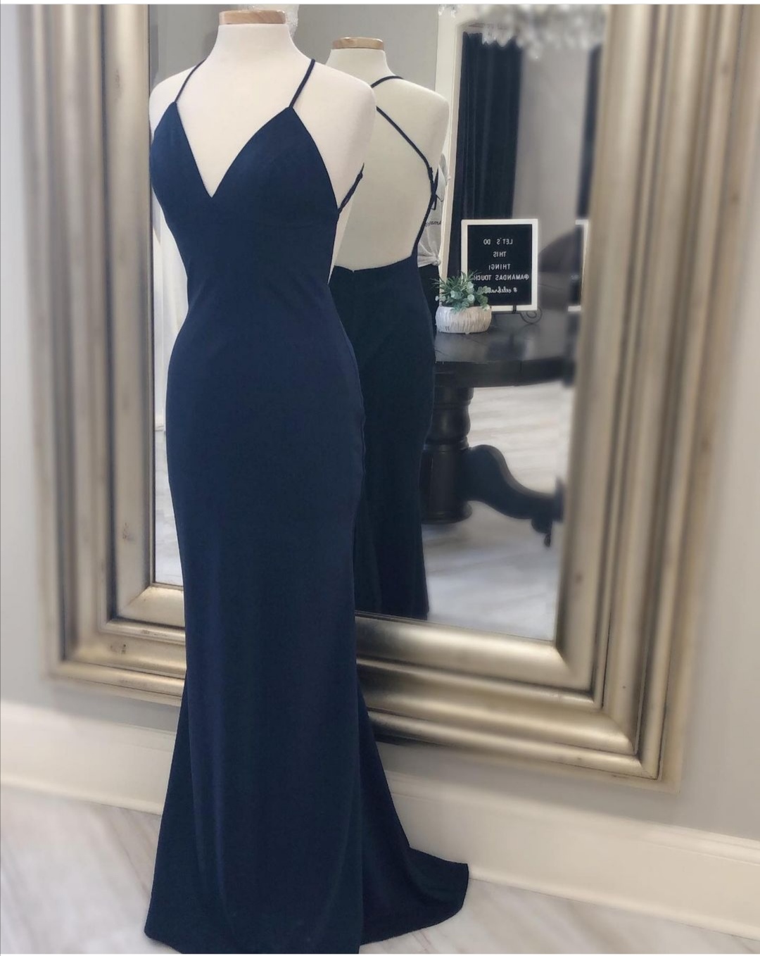 V Neck Navy Sheath Long Prom Dress Wtith Open Back on Luulla